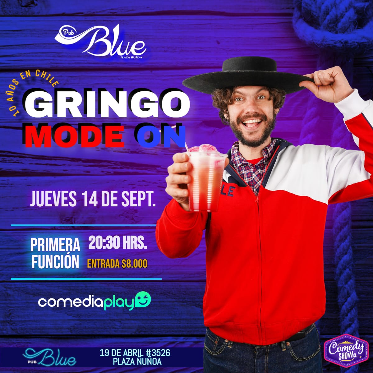 Gringo Mode On en Blue Pub, Jueves 14 de Septiembre 20:30hrs | Comediaplay